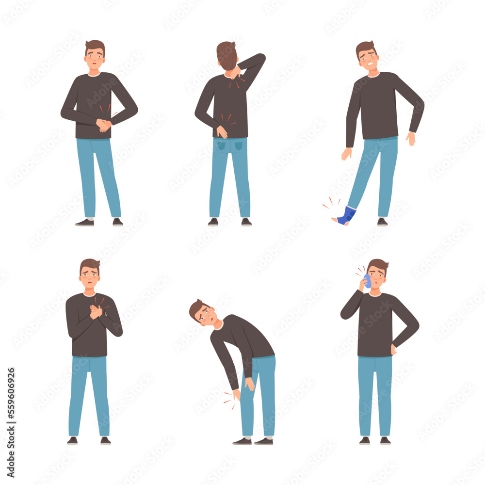 Man feeling pain in body caused by illness or injury set. Man suffering ...