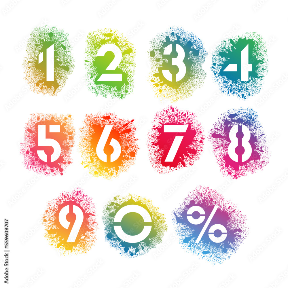 Rainbow paint splatter stencil numbers alphabet set on white background ...