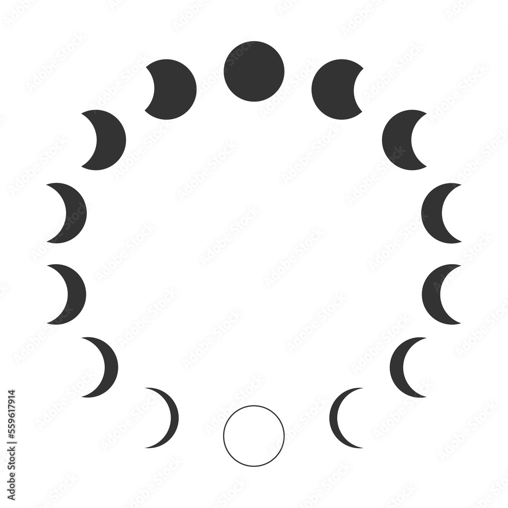 Round shapes of Luna celestial object in circle. Moon phases. Calendar ...