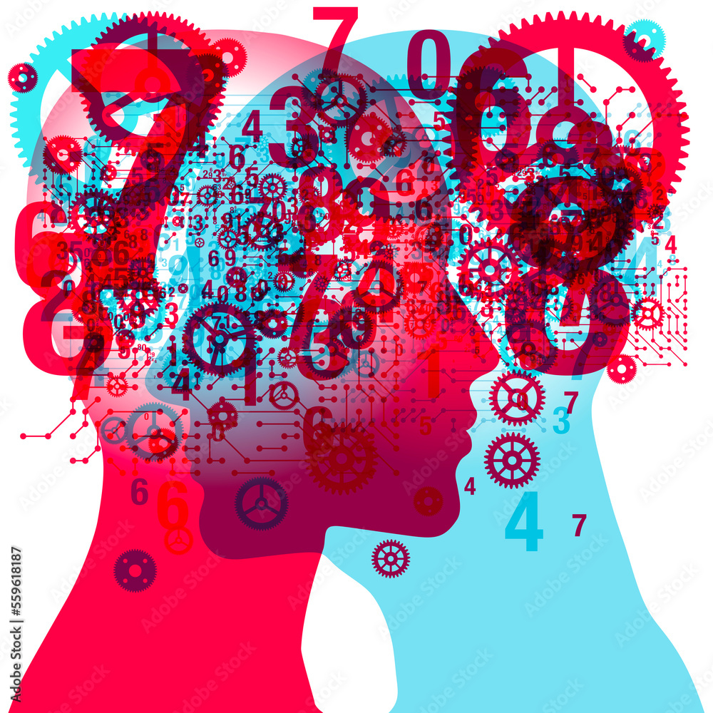 A male and female side profile positioned face to face, overlaid with ...