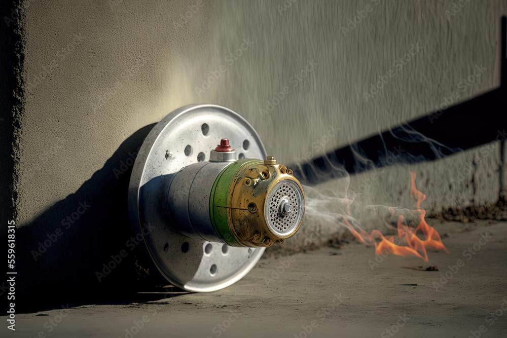 sprinkler for the fire suppression system. Fire and smoke next to a ...