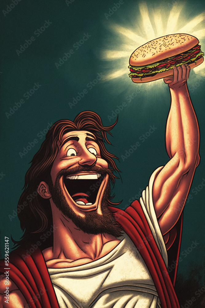Jesus with a sandwich. Cartoon illustration. Generated AI image Stock ...