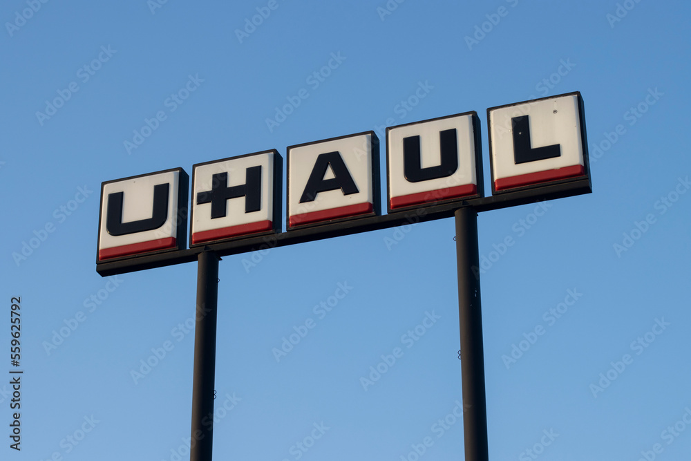 Baldwin Park, CA, USA - May 9, 2022: U-Haul sign is seen at one of its ...