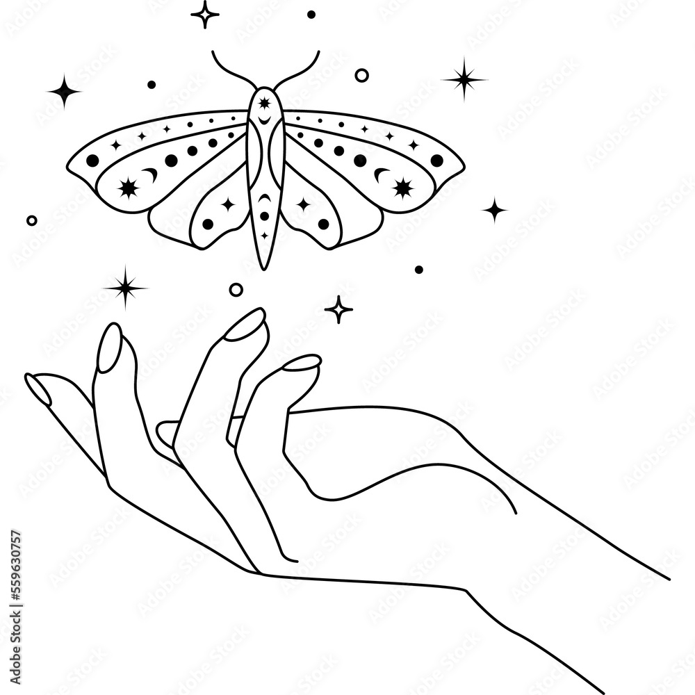 Magic hands with night moth in line art style. Esoteric and mystical ...