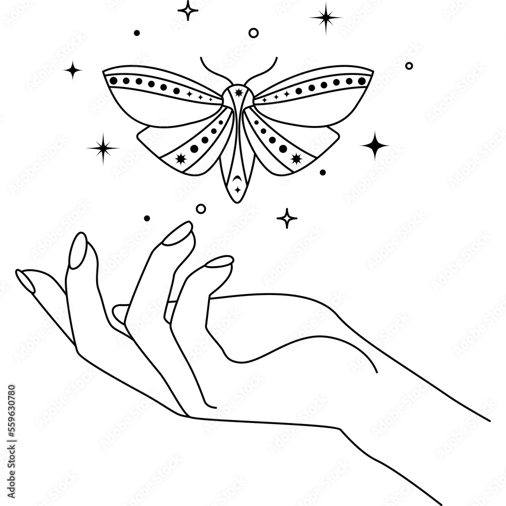 Magic hands with night moth in line art style. Esoteric and mystical ...