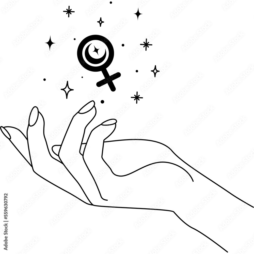 Female gender symbol between woman hands. Spiritual mystical symbol for ...