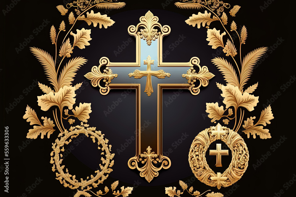 Christian cross ornamental golden symbol. Laurel wreath and luxurious ...