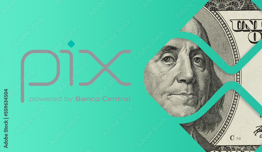 One hundred dollar bill under a frame in the format of the PIX logo ...