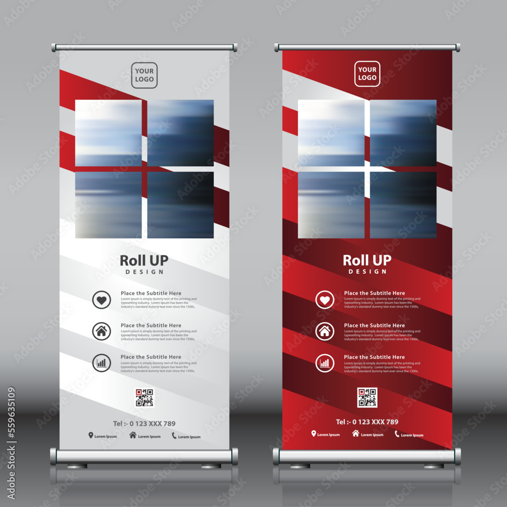 Roll up banner design with red and white color artwork patterns and ...