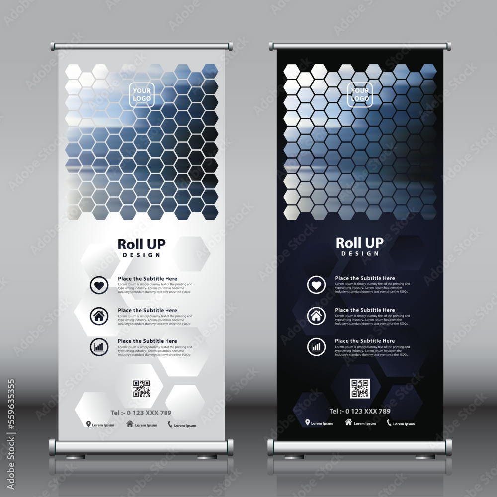 Roll up banner design with hexagon shapes patterns and image. Editable ...