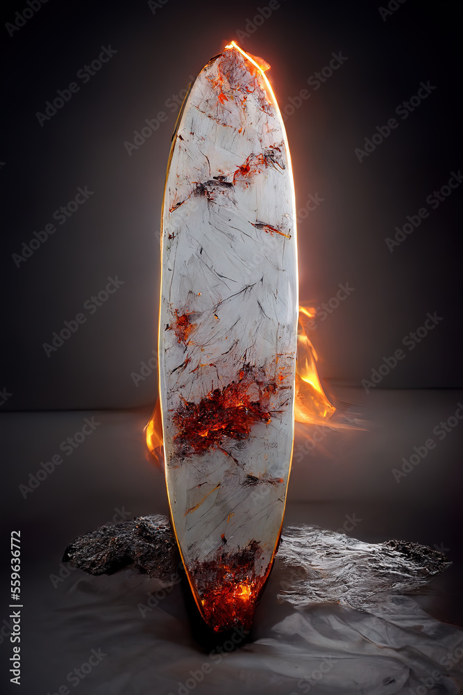 Surfboard with volcano lava, with fire made from marble, an ...