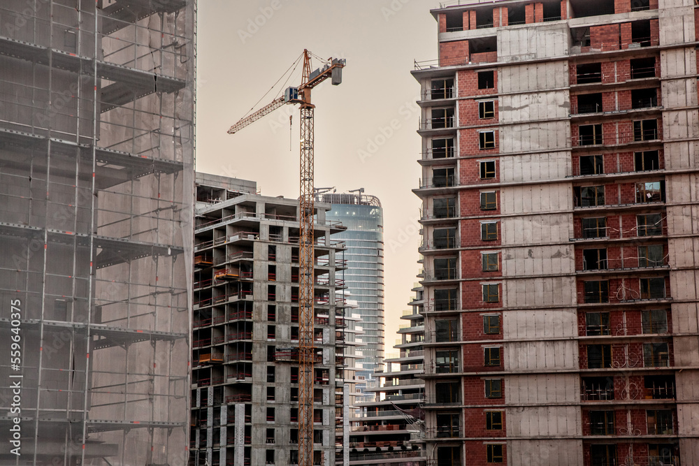 Panorama of a giant Construction site of a residential building complex ...