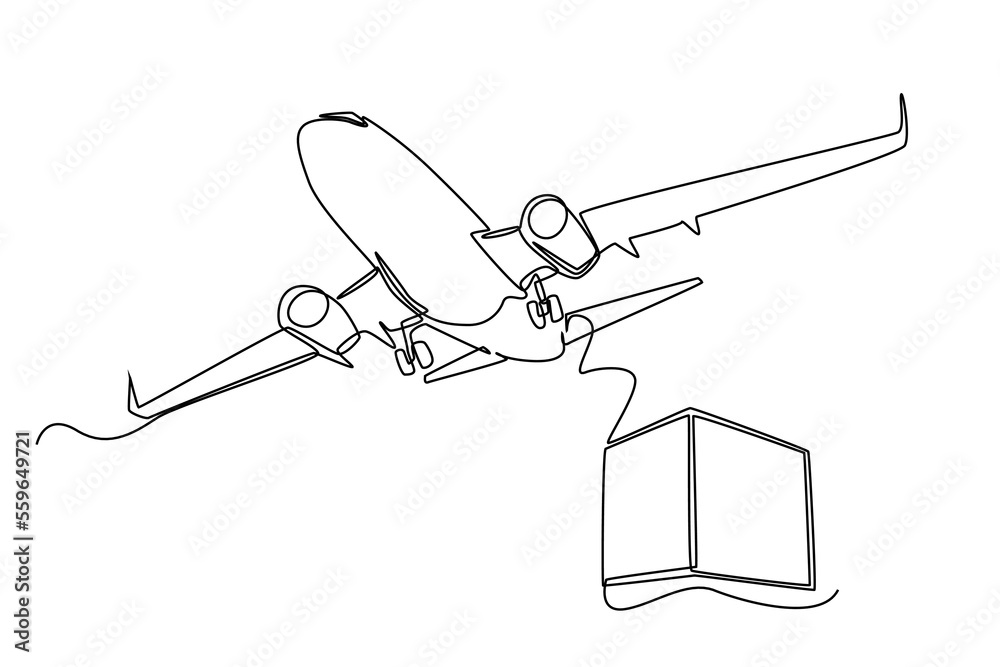 Continuous one line drawing. The plane takes off from the area carrying ...