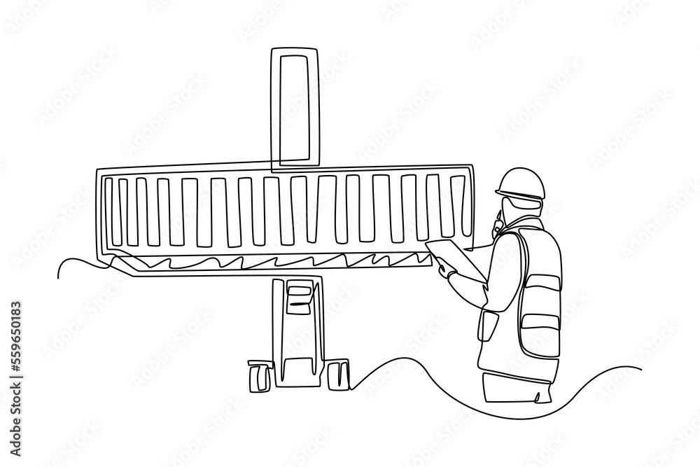 Continuous one line drawing man with safety helmet and using walkie ...