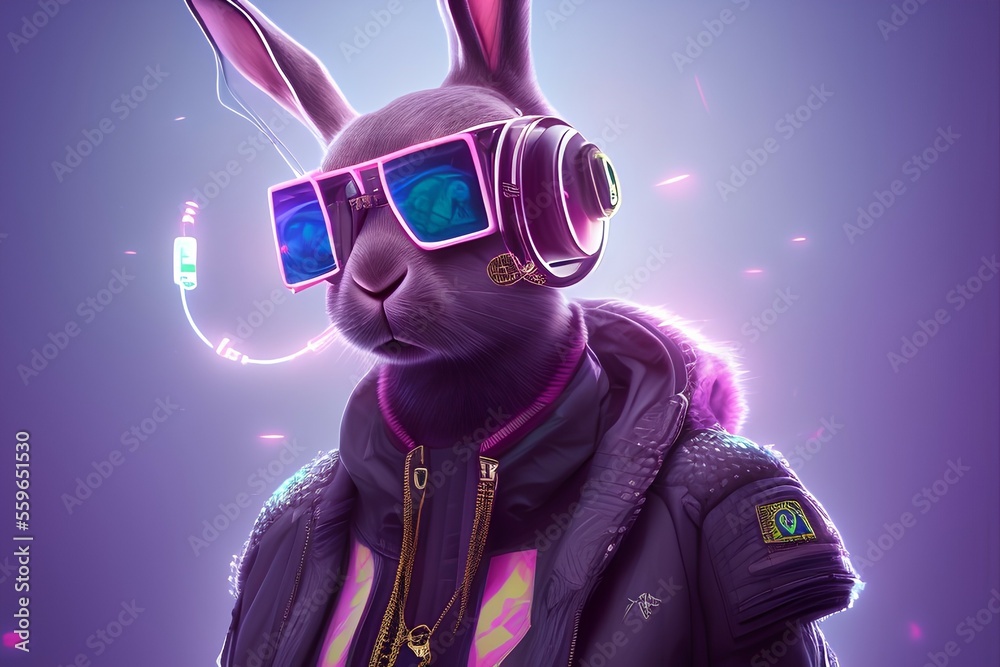 stylized anamorphic Rabbit, smiling, cyberpunk headphone, sunglass ...