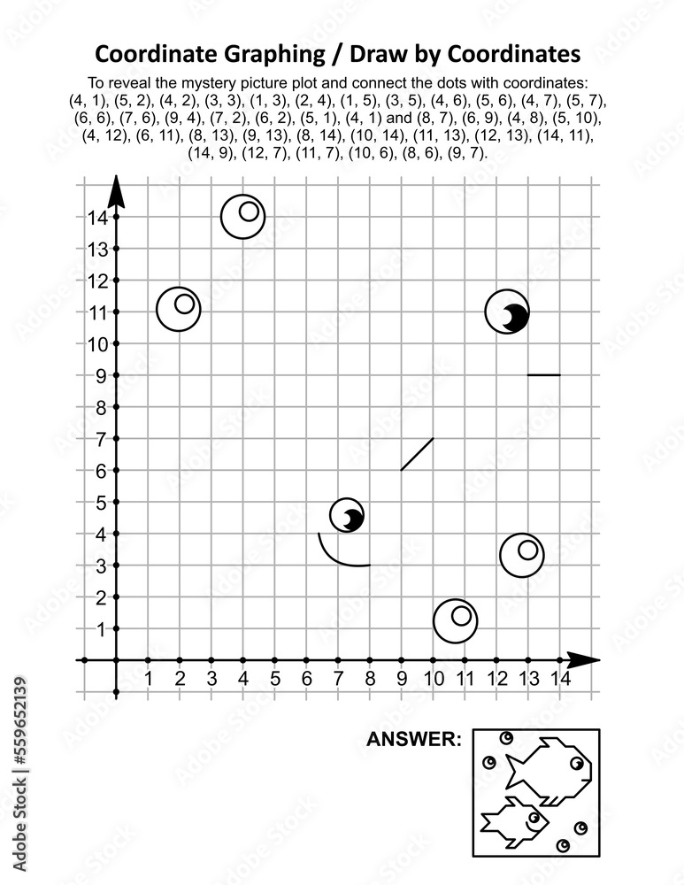 Coordinate graphing, or draw by coordinates, math worksheet with fishes ...