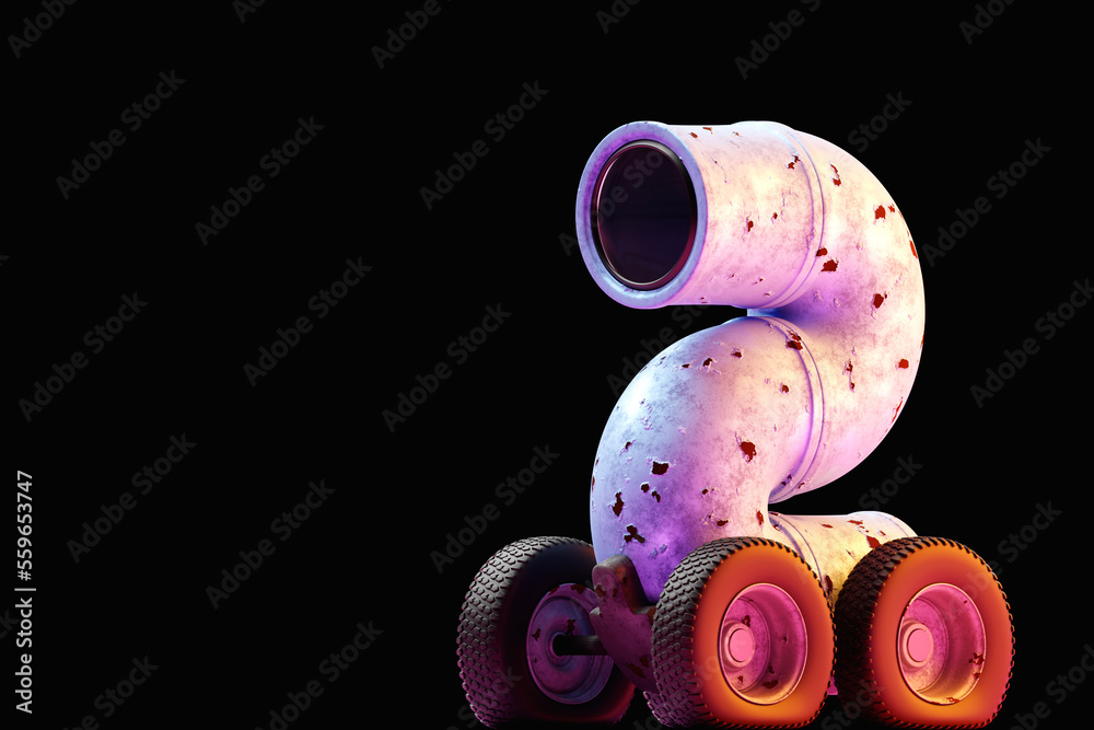 A cartoon pipe on wheels that looks like a worm. Close-up of a curved ...