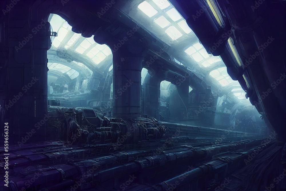 Lifeless gloomy underground city landscape with futuristic dystopia ...