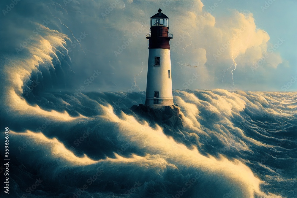 AI generated lighthouse provide light during a large storm on the ...