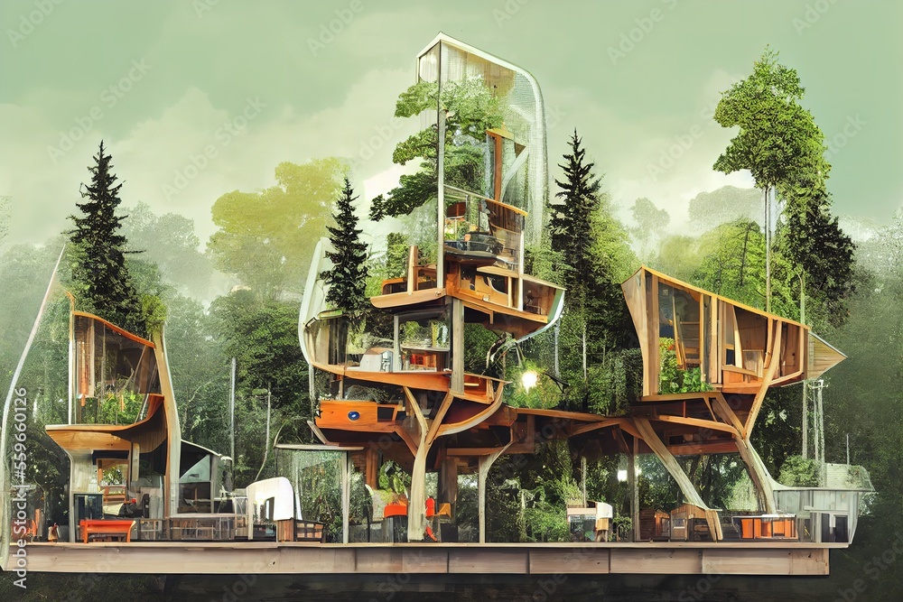 AI generated concept art of environmental friendly modern treehouse ... AI generated concept art of environmental friendly modern treehouse ...