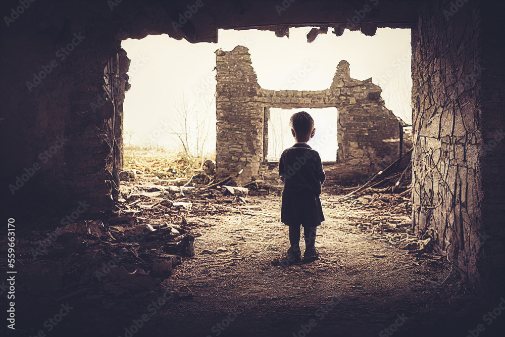 Antiwar concept background rear view of ruined and broken house or ...