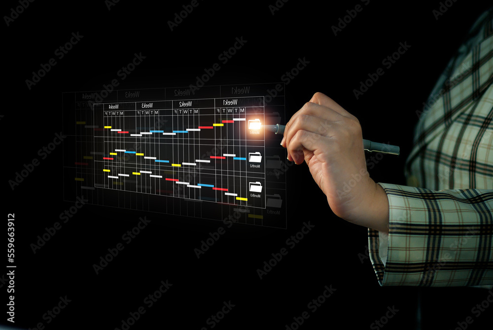 Business planning ideas.Business woman using virtual event planning pen ...