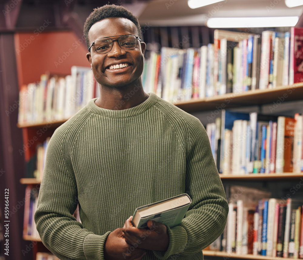 Black man, student and portrait in library for book, research and ...
