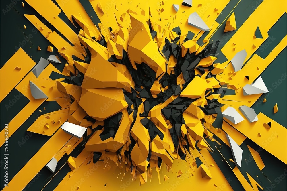 a yellow and black background with a broken glass and a black and white ...