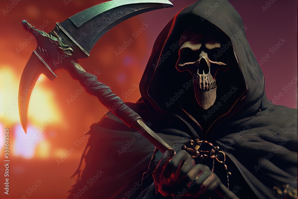 Grim Reaper - The angel of death is a skeletal spirit with black cloak and metal scythe. Modern ...