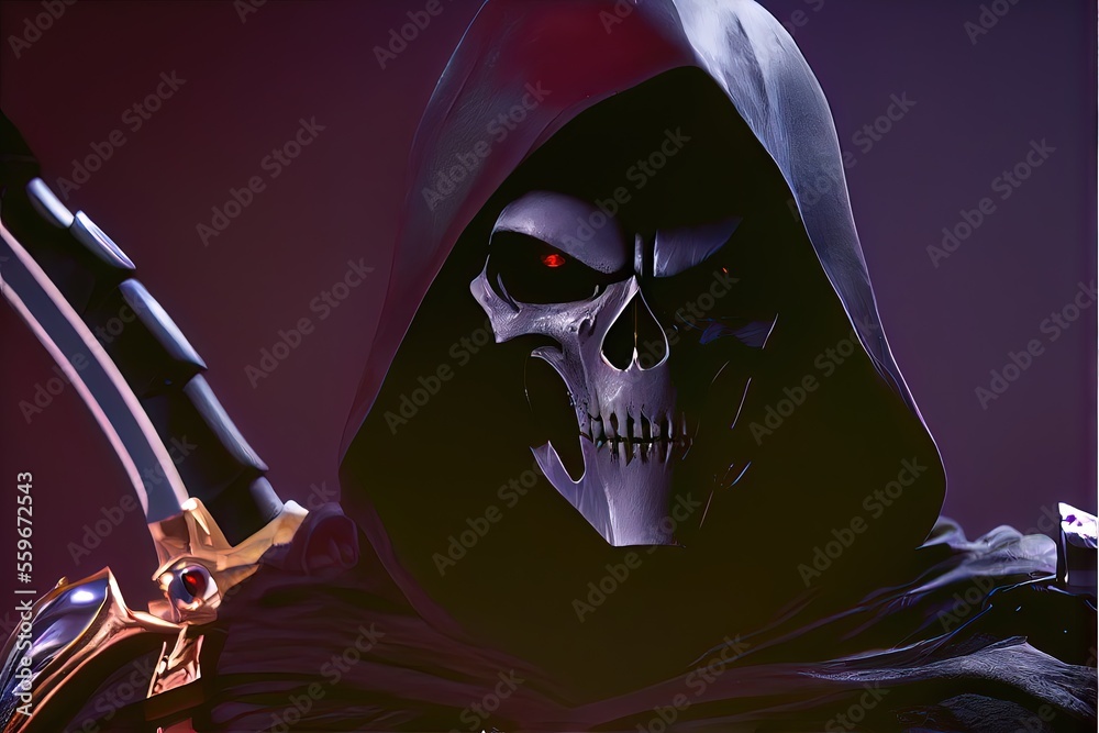 Grim Reaper - The angel of death is a skeletal spirit with black cloak and metal scythe. Modern ...