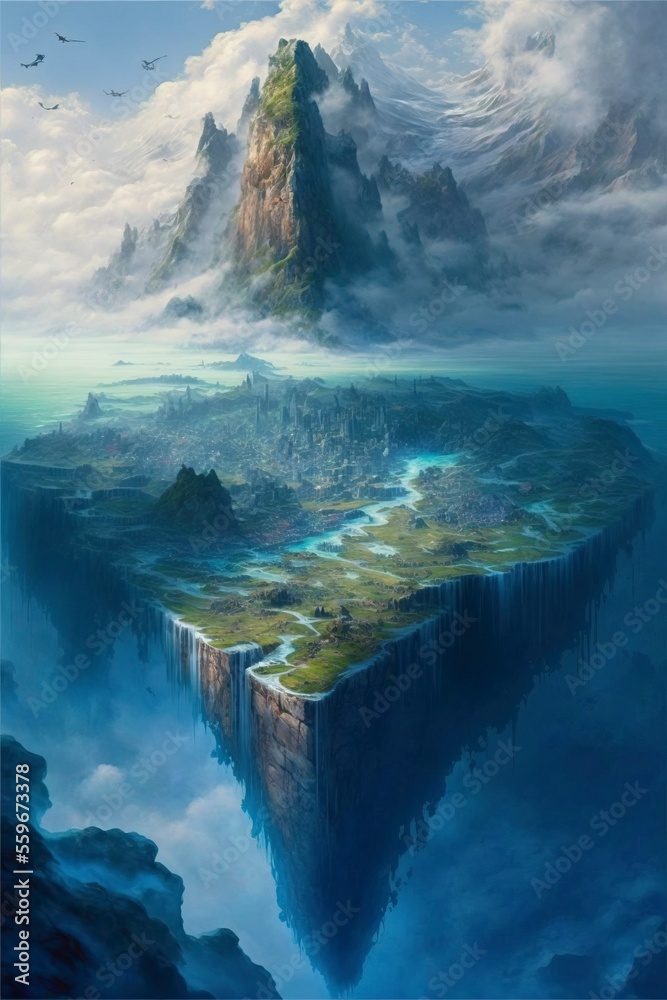 Dreamy imaginary solarpunk island, grassy fields, waterfall into the ...