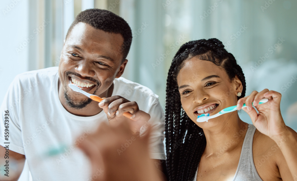 Black couple, toothbrush and dental wellness in bathroom together for ...