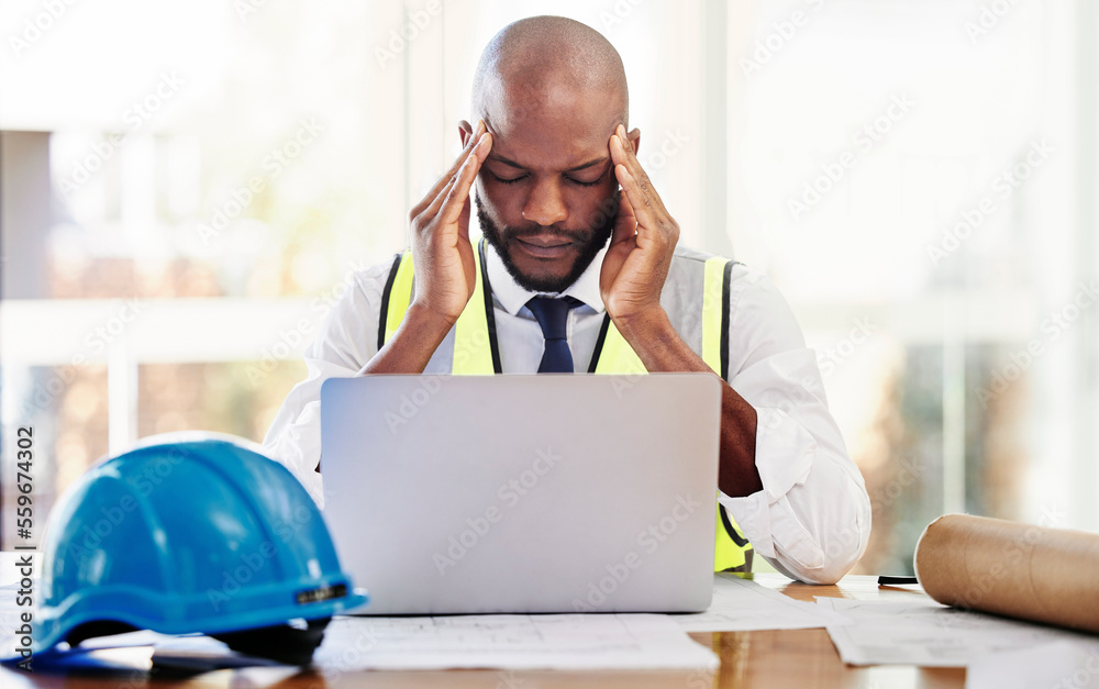 Headache, laptop and architect man stress, pain and mental health ...