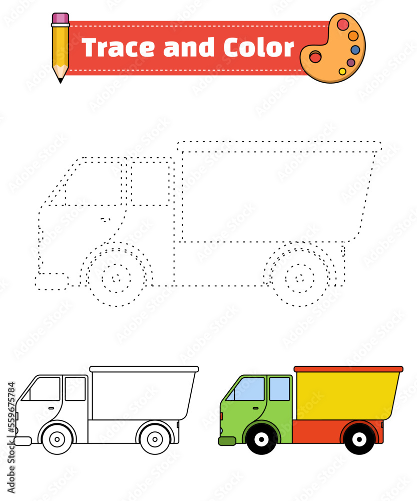 Trace and color for children, coloring page or book, truck vector ...
