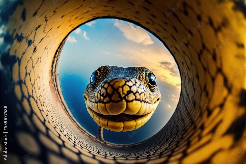 a close up of a snake's head in a tube with a sky background and clouds ...