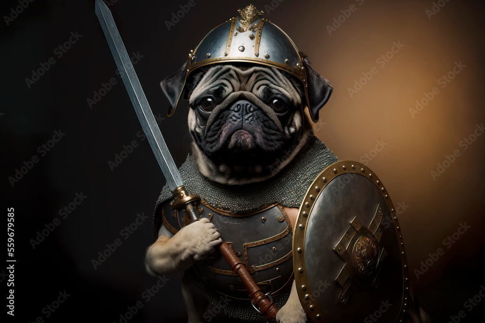 Cute pug knight character concept with sword and shield in ancient ages ...