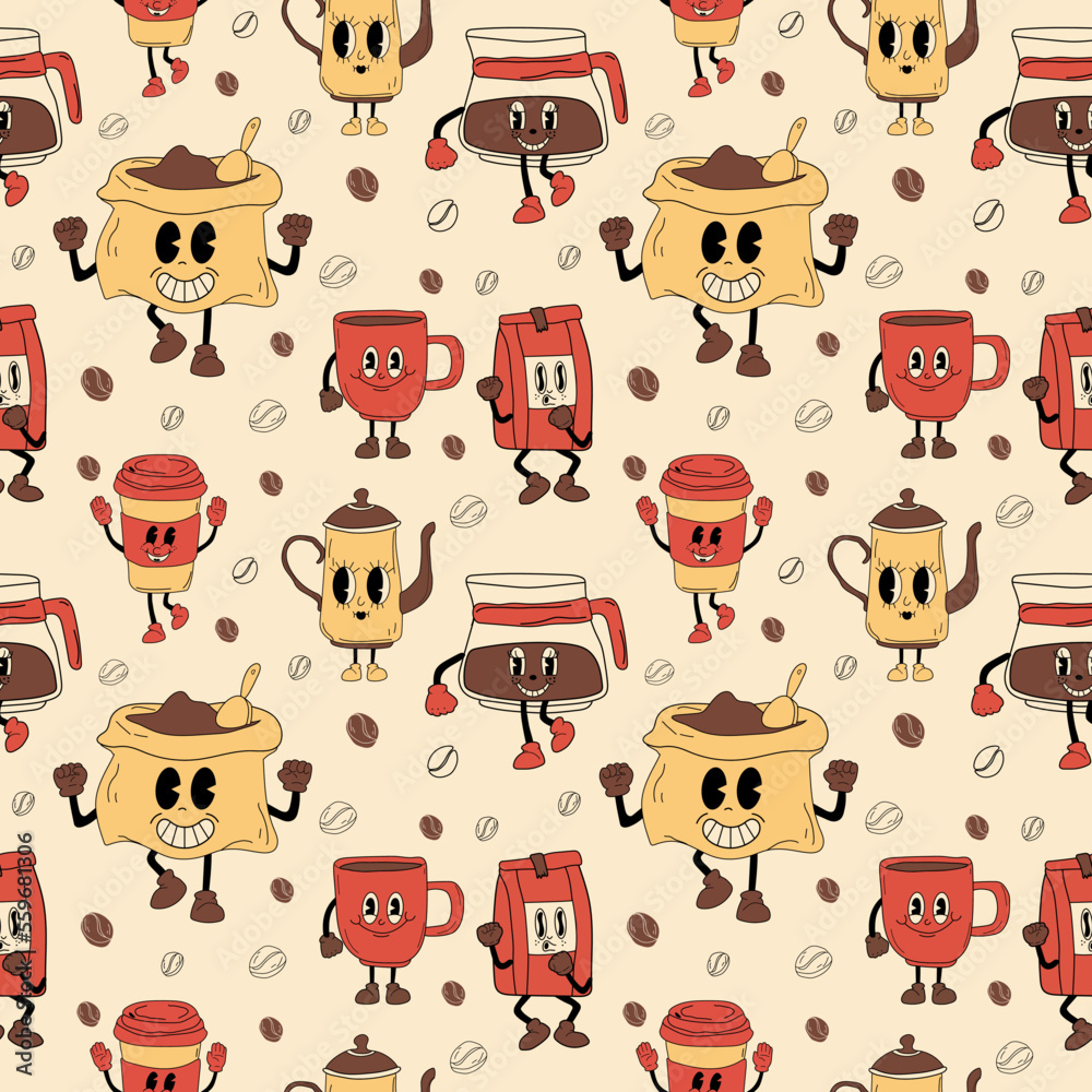 Seamless pattern with set Retro coffee 30s cartoon mascot character ...