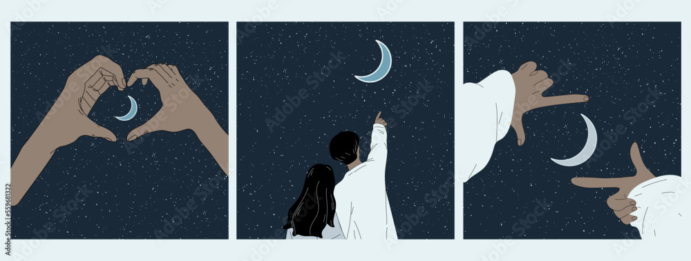 Set of three Hands show heart on moonlit night. Romantic vector ...