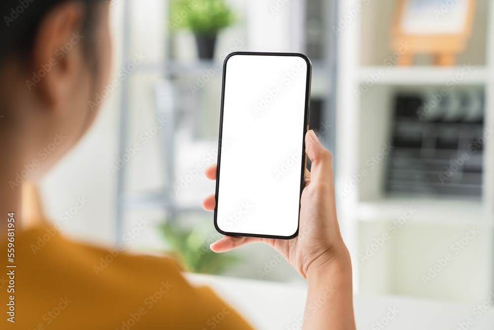 Hand holding digital smartphone mockup of blank screen. Take your ...