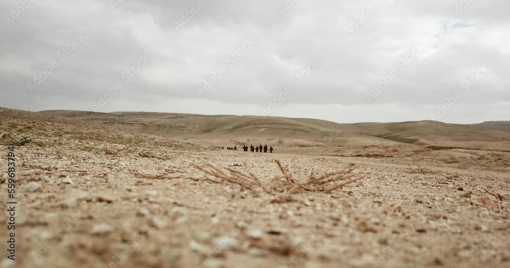 Member of First Army soldiers walk practicing war. long shot desert ...