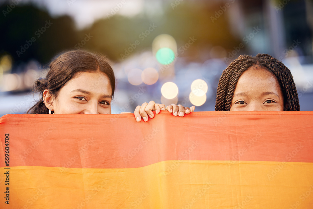 Love Pride Flag And Portrait Of A Lesbian Couple At A Lgbtq Freedom