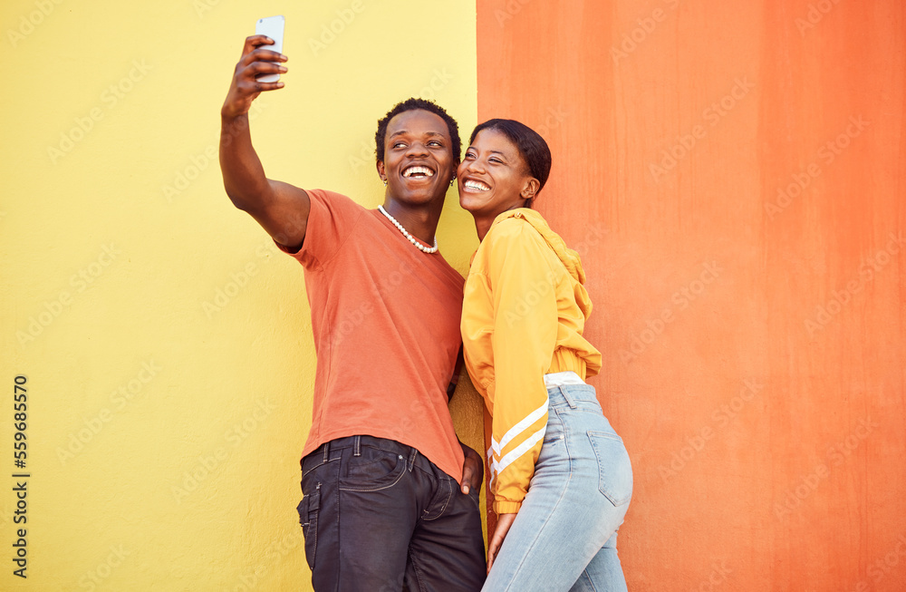 Selfie, black couple and smile with gen z youth, smartphone and ...