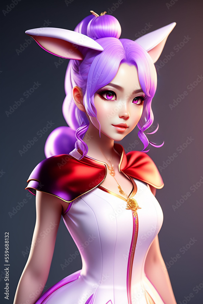 purple eyed bunny anime character with purple hair, in White dress, 3d ...