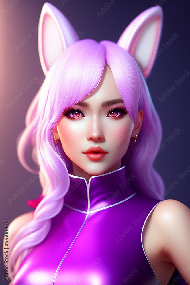 purple eyed bunny anime character with purple hair, in purple dress, 3d ...