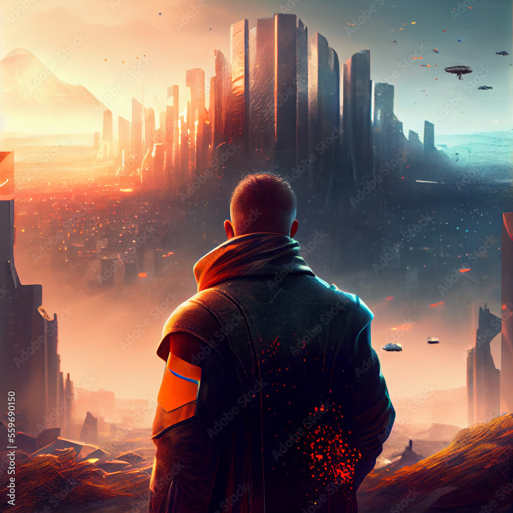 Man overlooking a futuristic city, cyberpunk, anime - generative ai ...