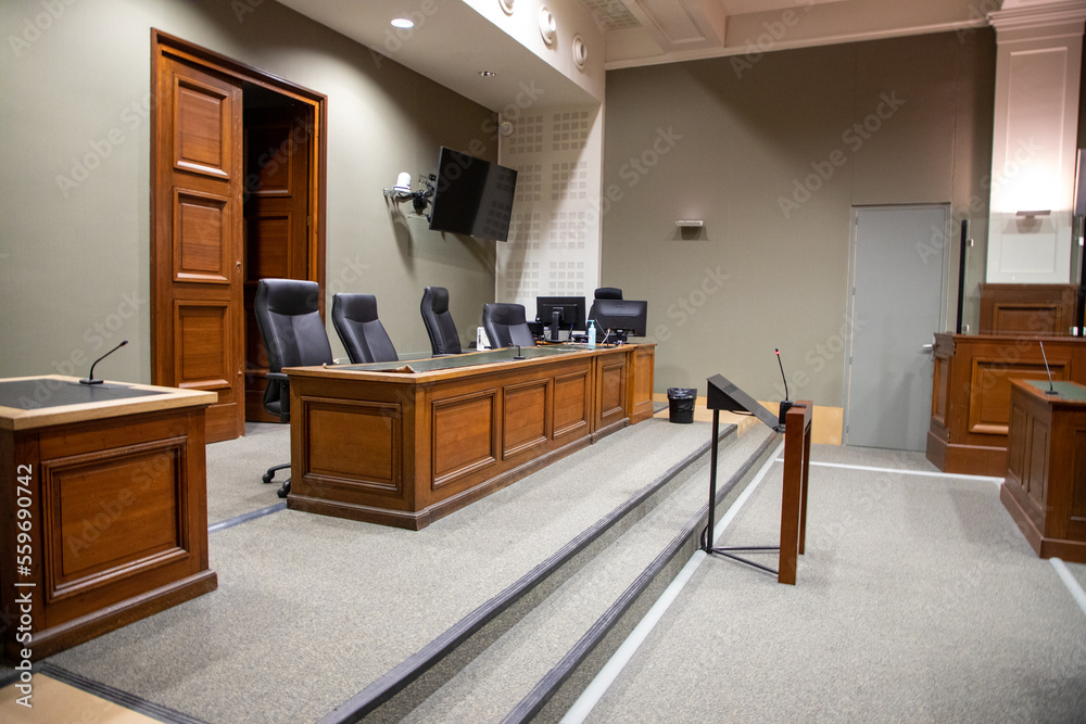empty courtroom with judge and clerks workplace courthouse interior ...