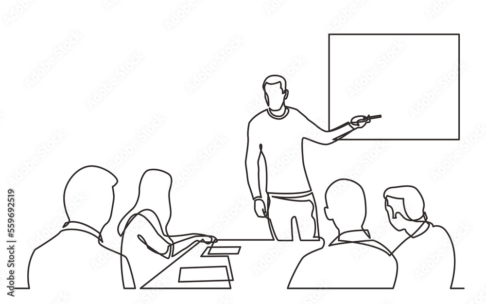 continuous line drawing business presentation in meeting room with ...