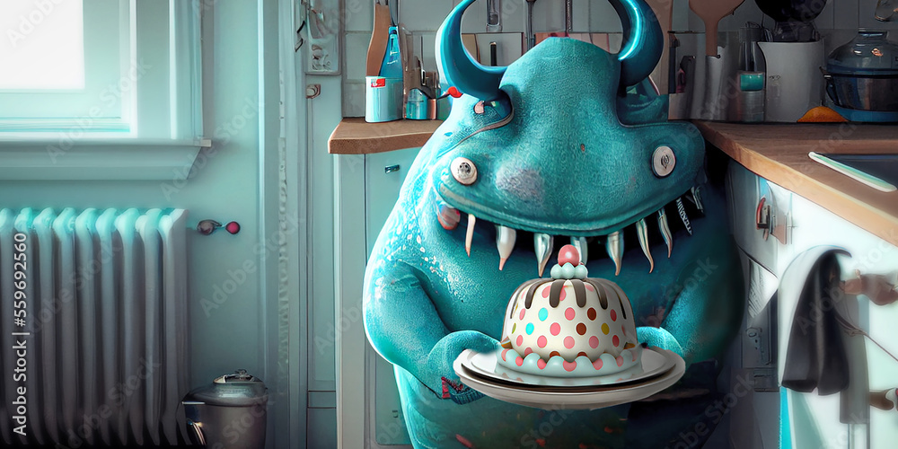 Ilustração do Stock: funny green monster gives a cake in the kitchen of ...