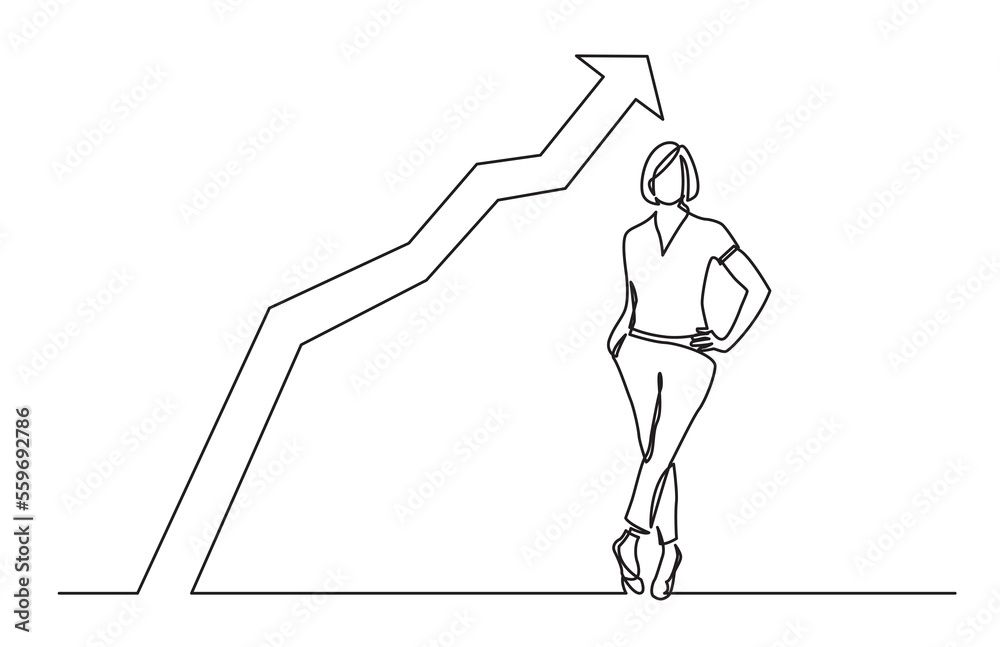 continuous line drawing confident woman posing standing with rising ...