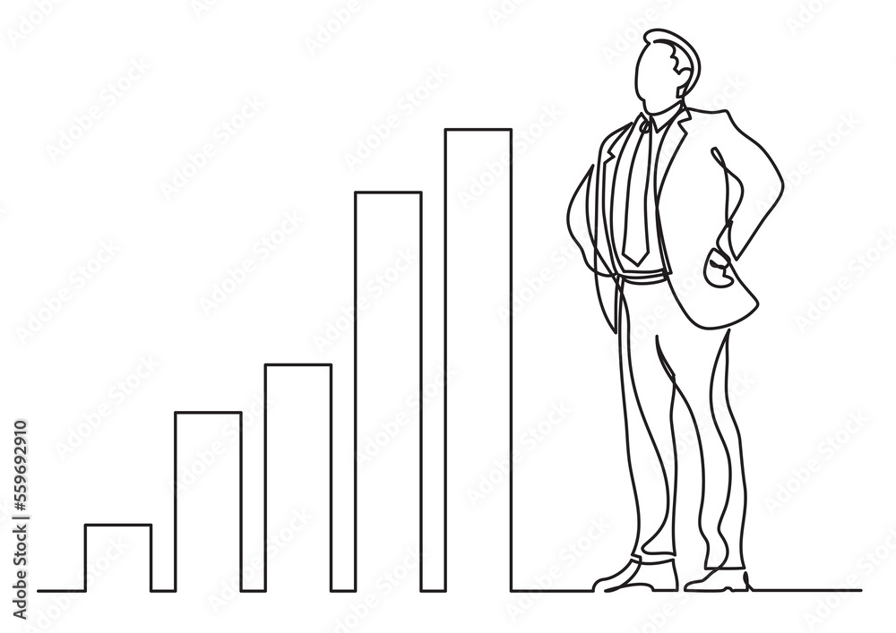 continuous line drawing happy confident standing businessman with ...